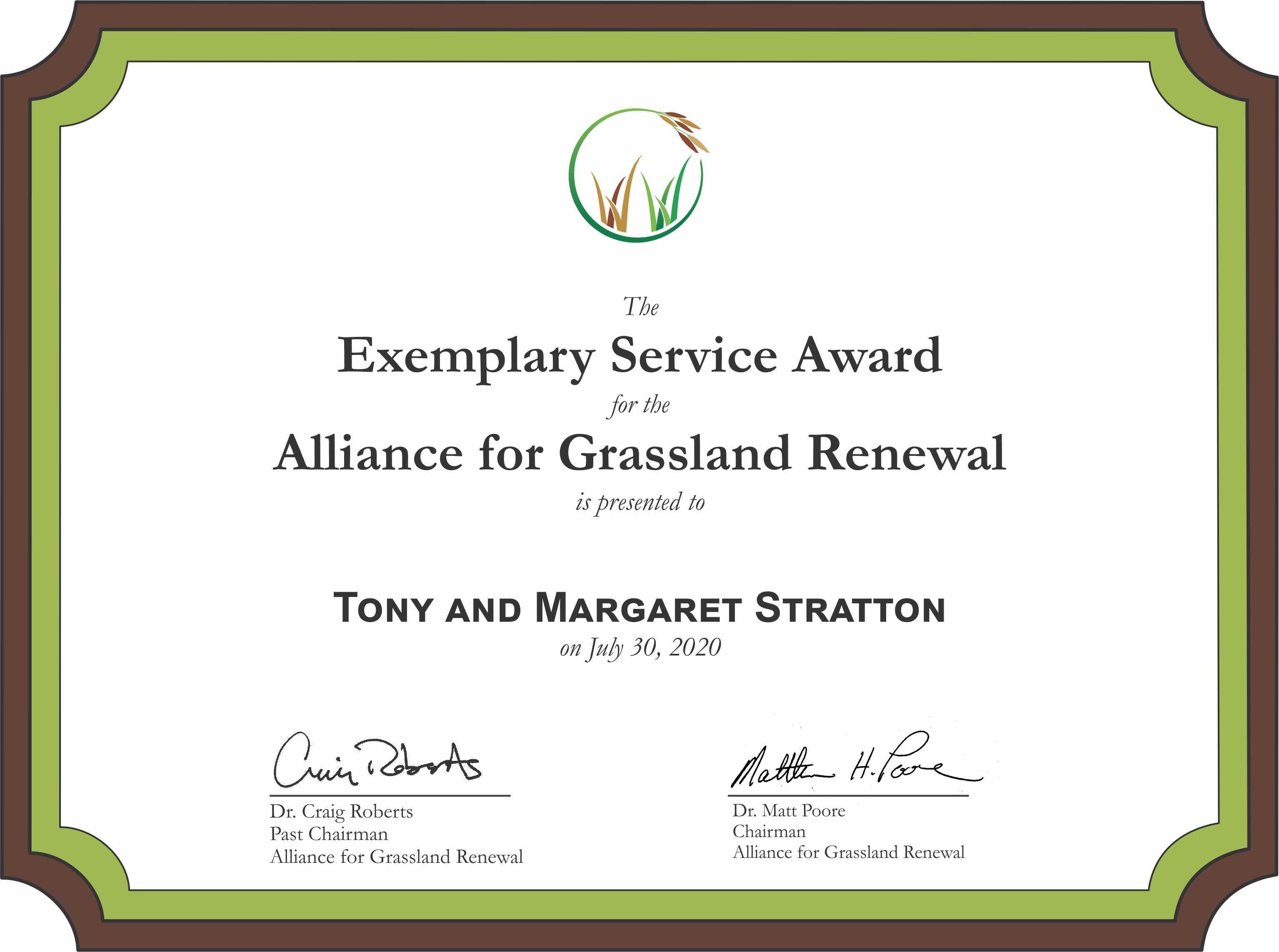 First Exemplary Service Award given to Tony and Margaret Stratton – The ...